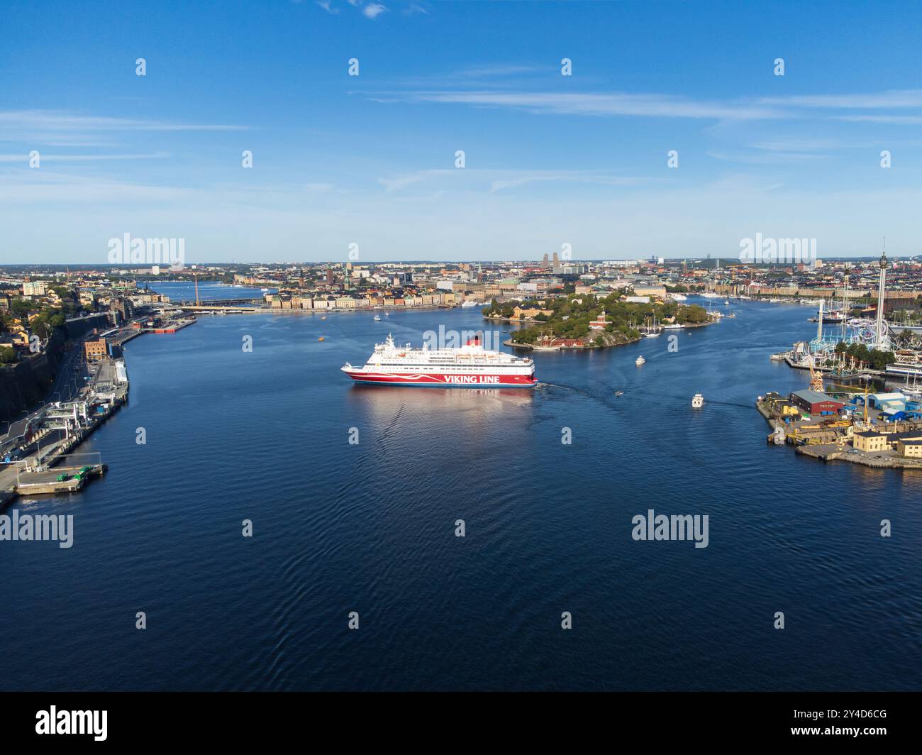 Viking Line cruise ship in the inlet towards Stockholm old town, clear ...