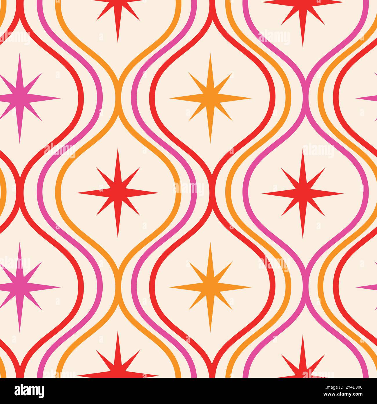 Mid century modern atomic starbursts on pink, orange and red ogee oval ...