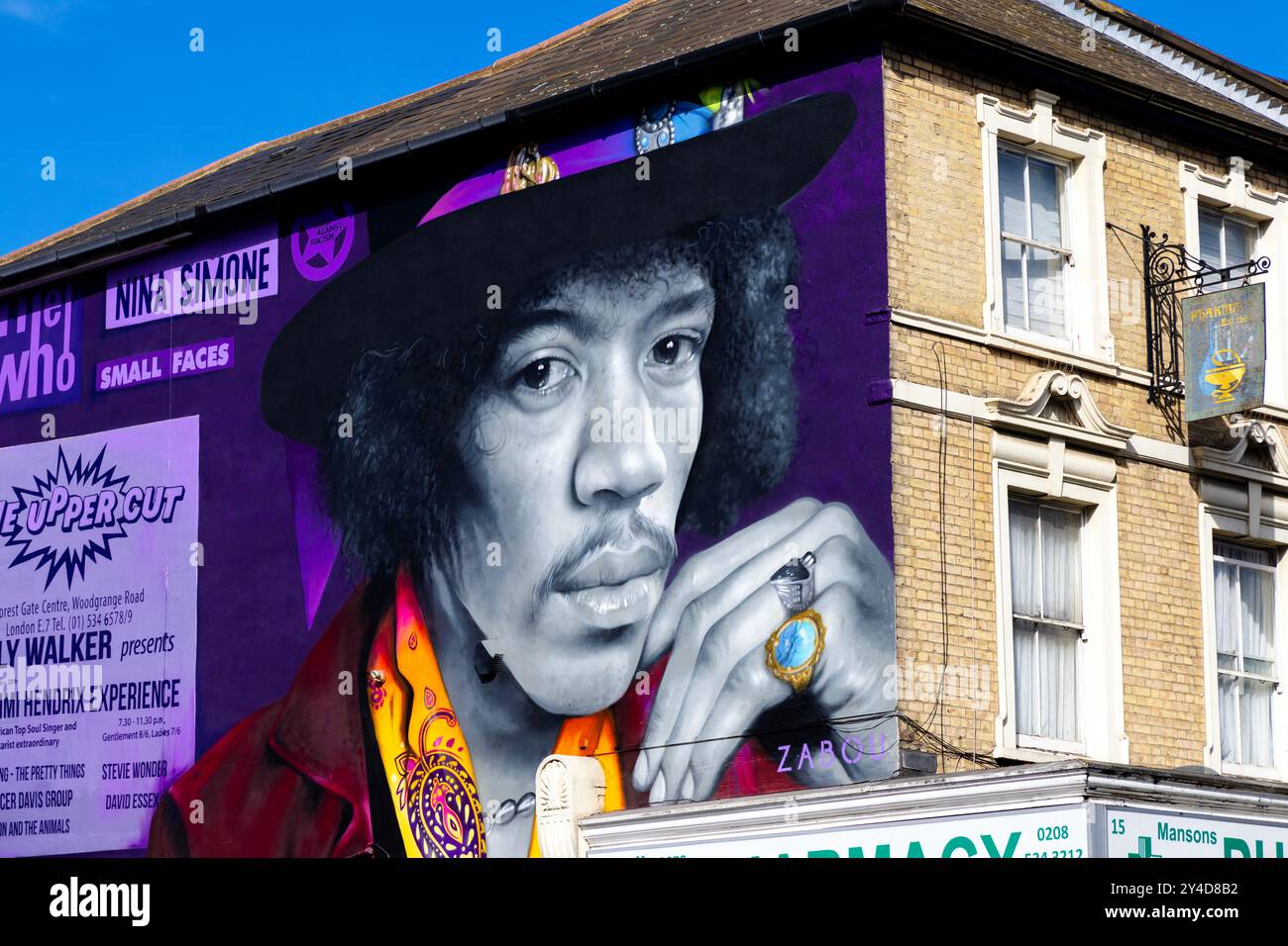 Mural of Jimi Hendrix by street artist Zabou on Woodgrange Road, Forest ...