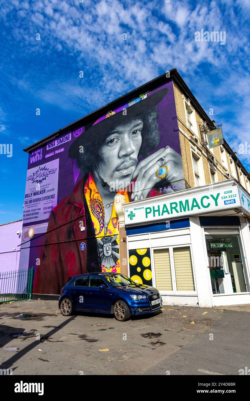 Mural of Jimi Hendrix by street artist Zabou on Woodgrange Road, Forest ...