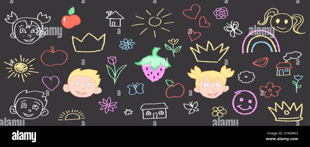 Kids like chalk drawing. School children drawing on chalkboard concept ...