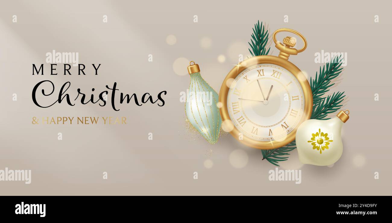 Christmas banner with a realistic old vintage clock, glass balls, and ...