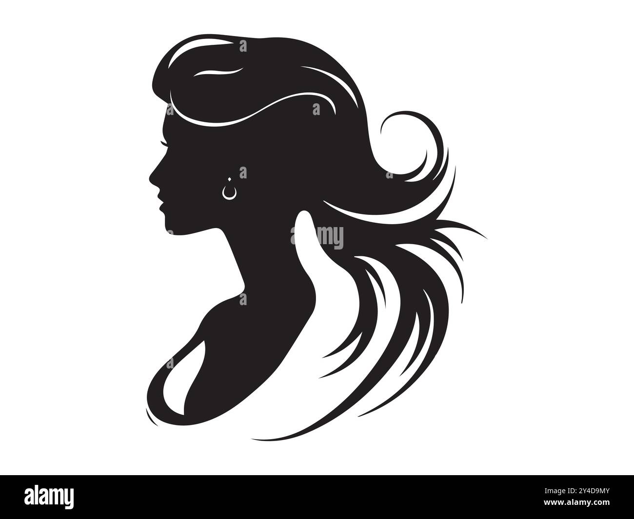Black silhouette of a woman's profile with flowing hair isolated on a ...