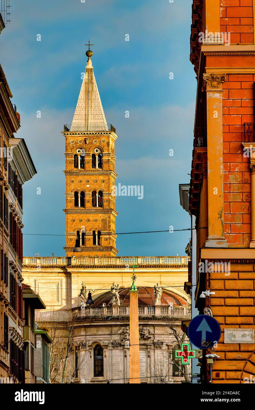 Bell tower of Santa Maria Maggiore at sunset, seen from Via Nazionale, Rome, Italy Stock Photo ...