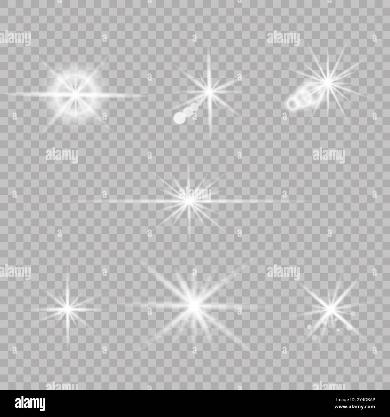 Set of bright white light effects, glare and stars. Sunlight, bright ...