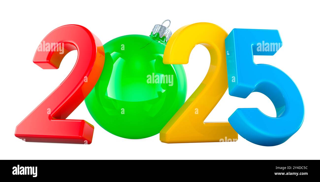 Happy New Year 2025 with Christmas ball, 3D rendering isolated on white ...
