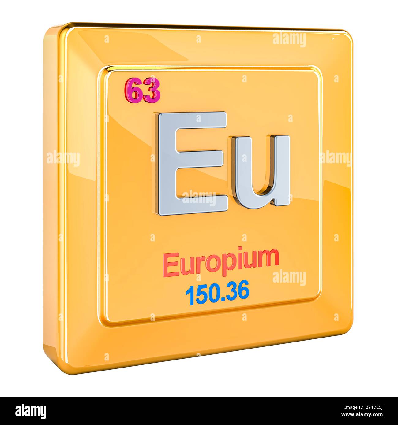 Europium Eu, chemical element sign with number 63 in periodic table. 3D ...