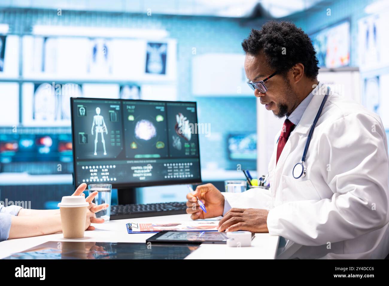 African american medic explaining diagnostic report to female patient ...