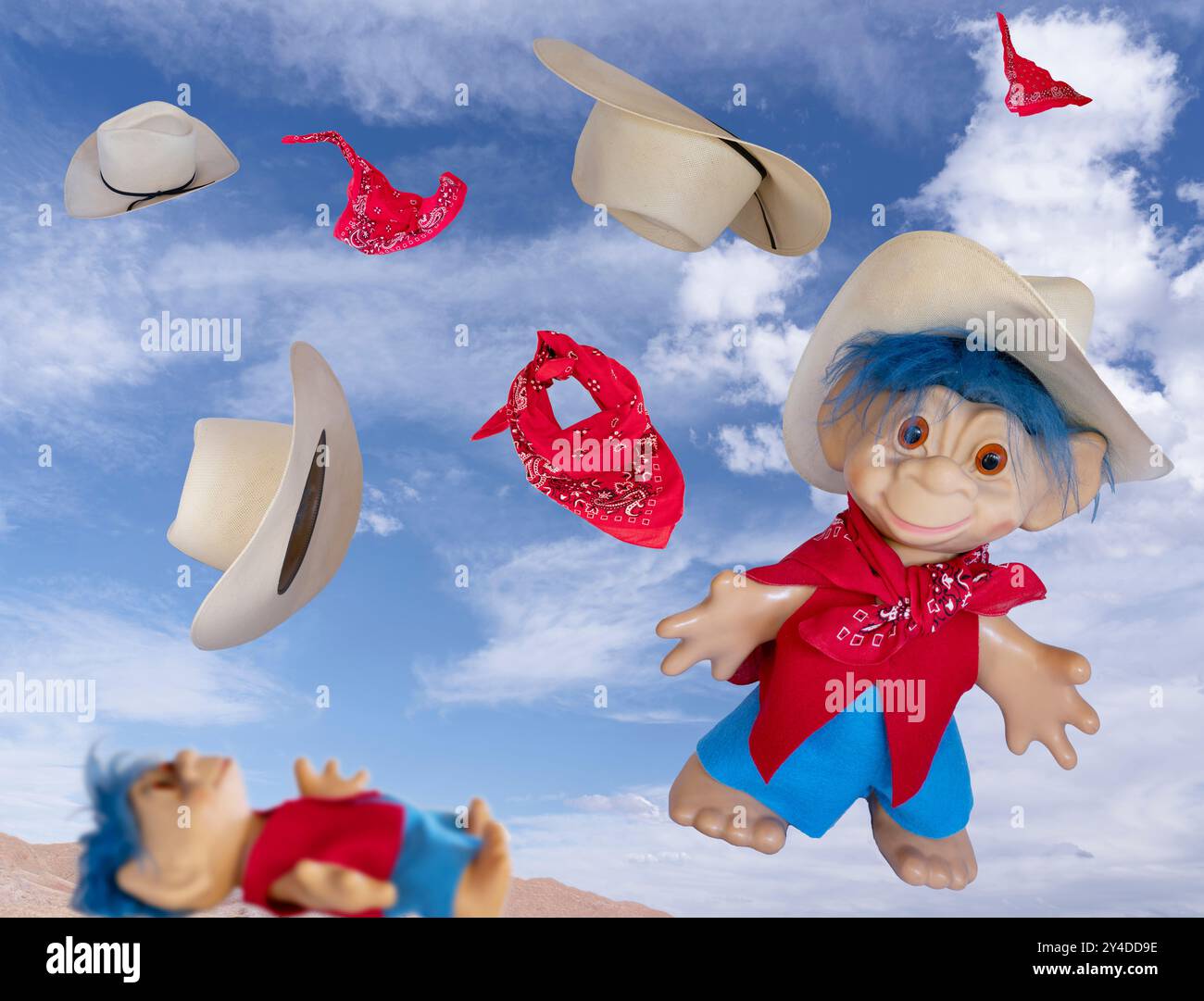 Cowboy troll composite has hats & bandanas flying thru the air. Child ...
