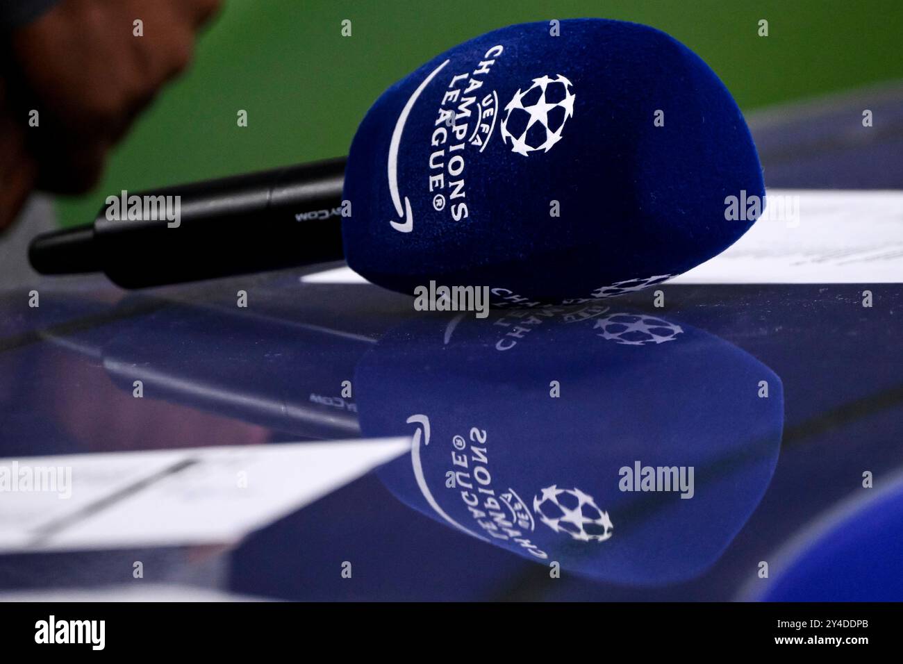 Milano, Italy. 17th Sep, 2024. A microphone with Champions League logo ...