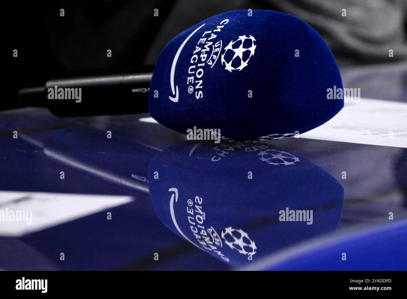 Milano, Italy. 17th Sep, 2024. A microphone with Champions League logo ...