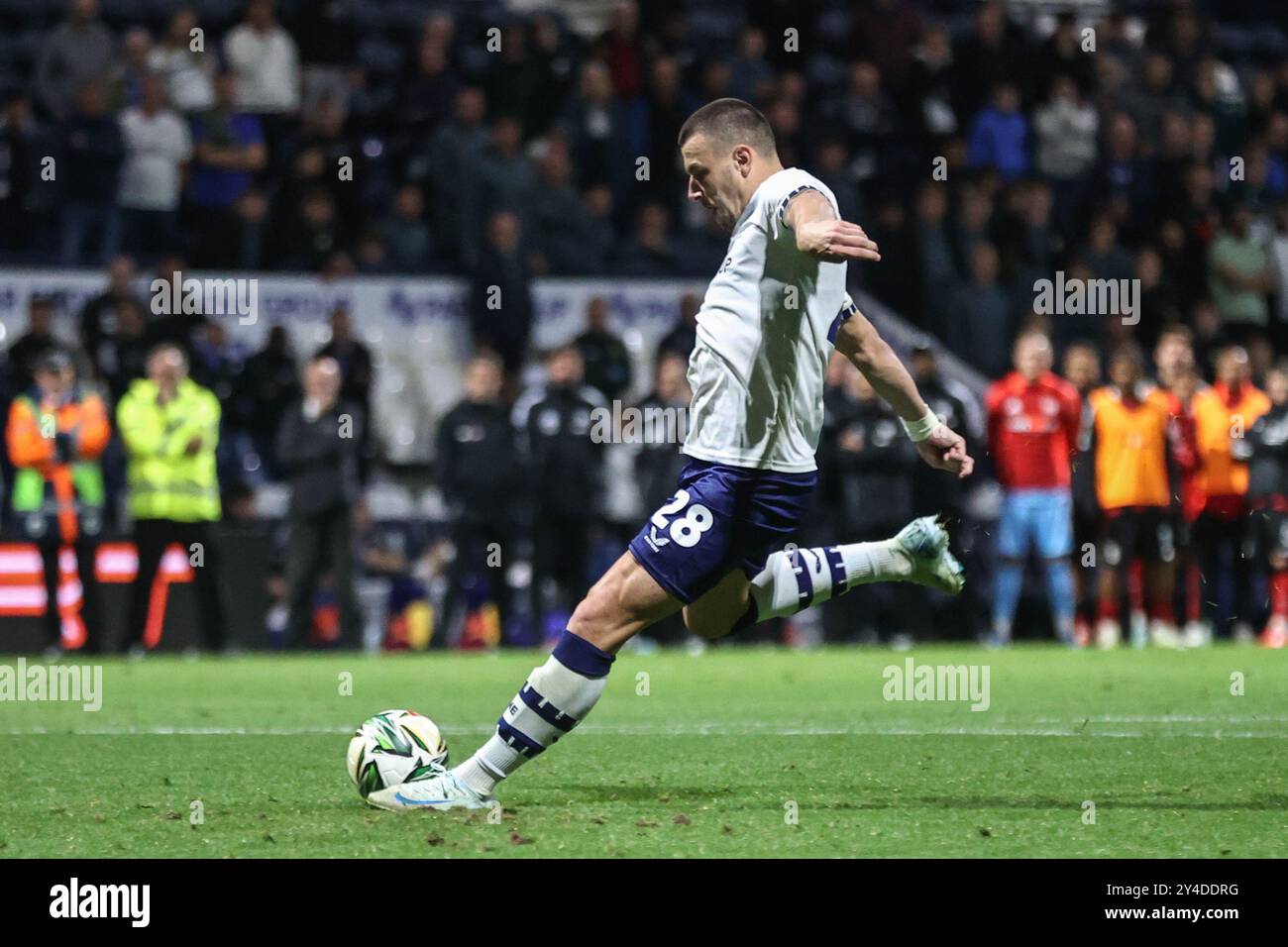 Milutin Osmajić of Preston scores his penalty during the Carabao Cup ...