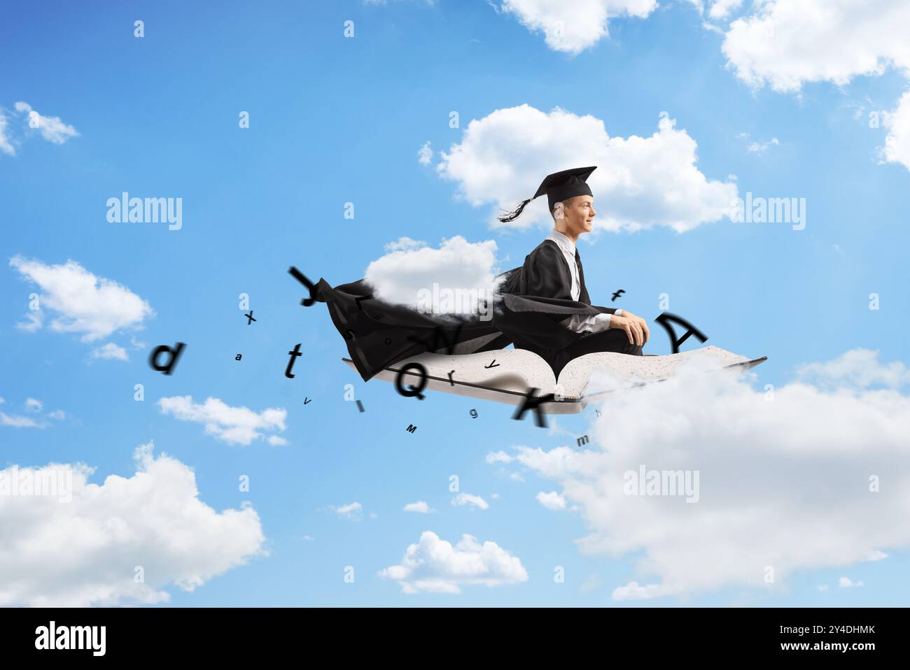 Graduate student sitting on a book with letters and flying in the sky ...