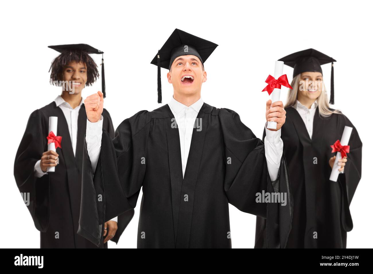 Group of graduate students celebrating isolated on white background ...