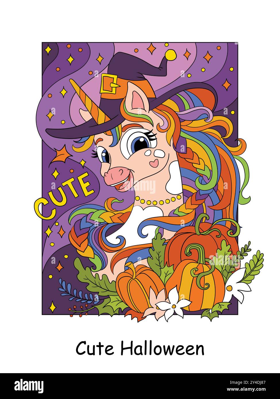 Coloring beautiful unicorn and autumn plants. Vector cartoon colorful ...