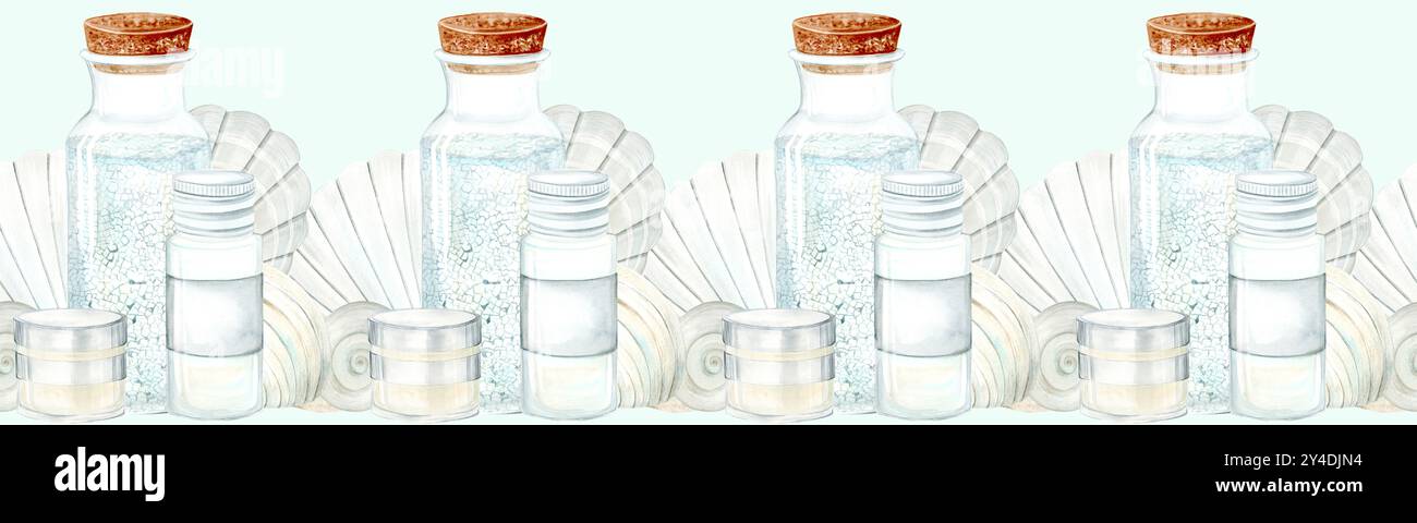 Seamless border. Makeup kit. Seashells, Oil, cream and bath salt ...