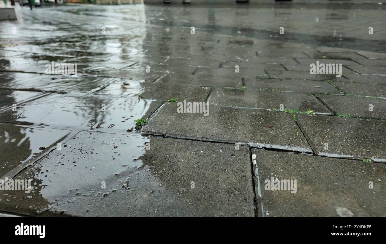 Rain in the city. View of raindrops falling on the pavement Raindrops ...