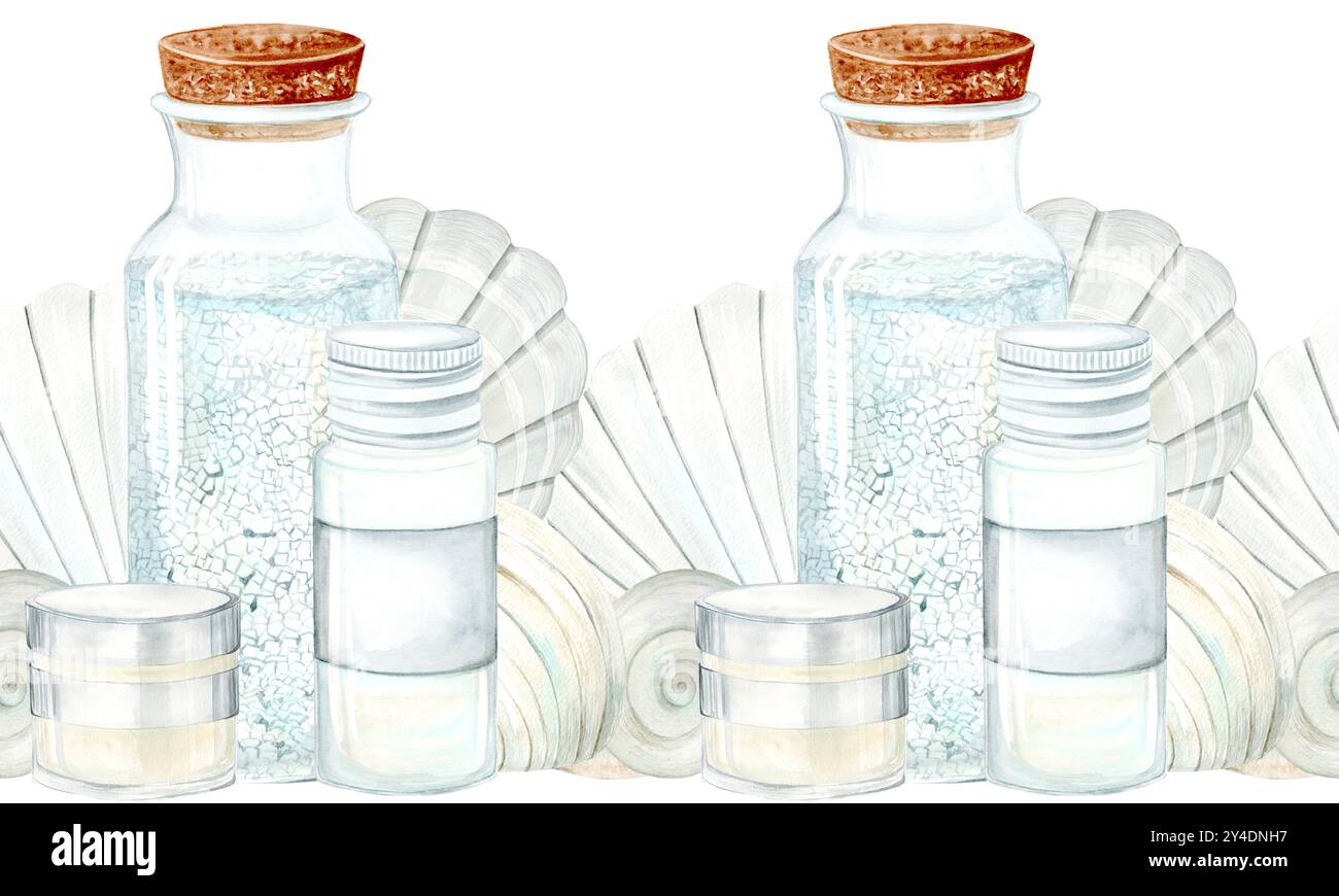 Seamless border. Makeup kit. Seashells, Oil, cream and bath salt ...