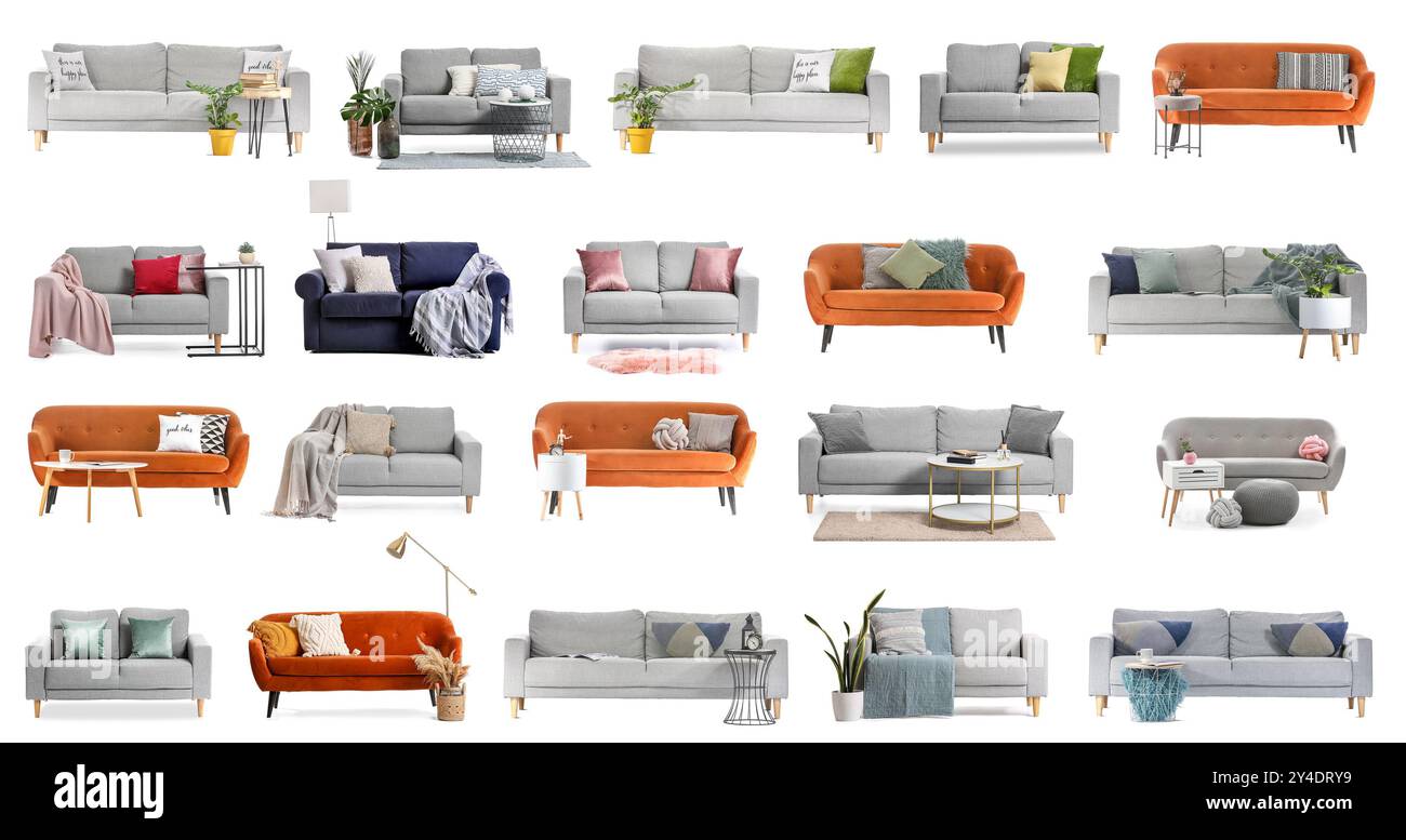 Set of many modern sofas and coffee tables on white background Stock ...
