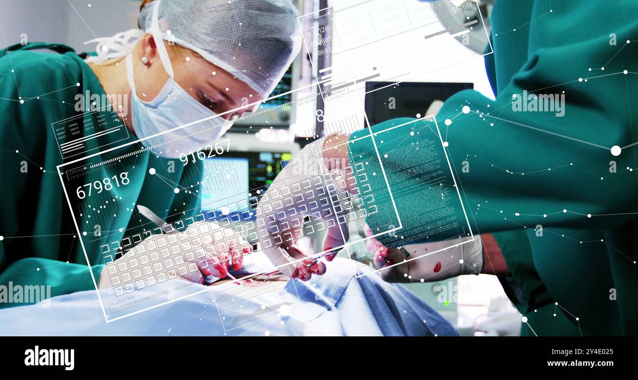 Image of data processing over caucasian surgeons during operation Stock ...