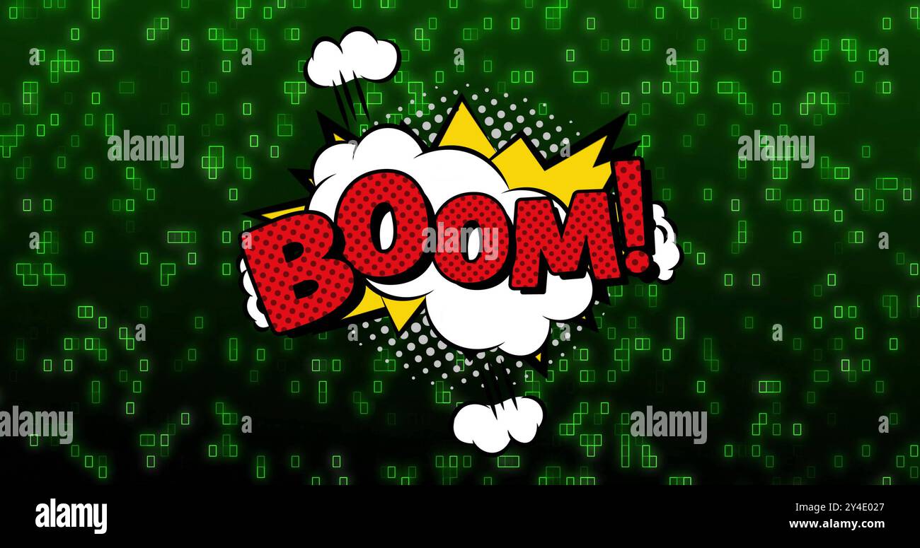 Image of boom text over retro vibrant pattern and binary coding ...
