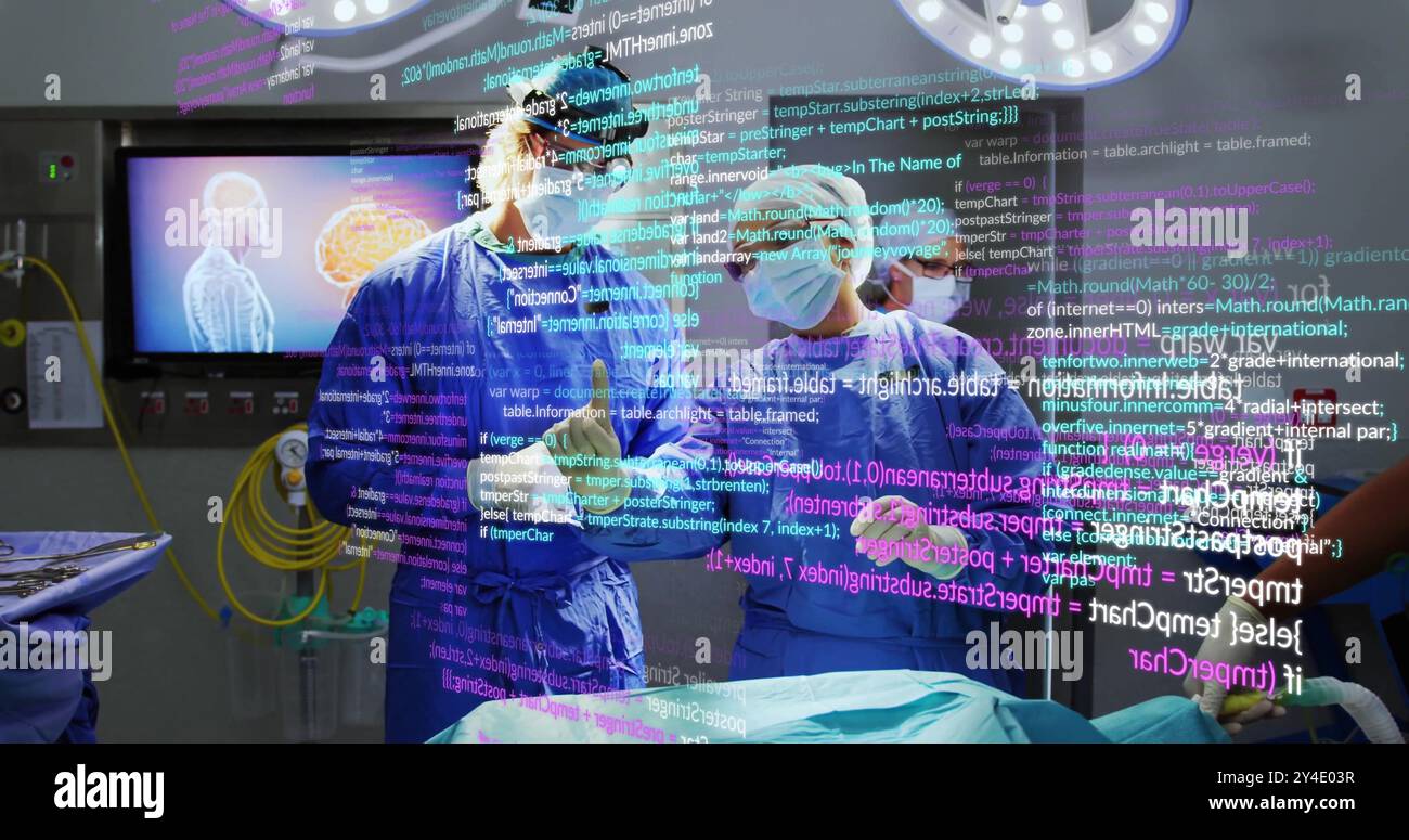 Image of data processing over diverse surgeons talking in operation ...