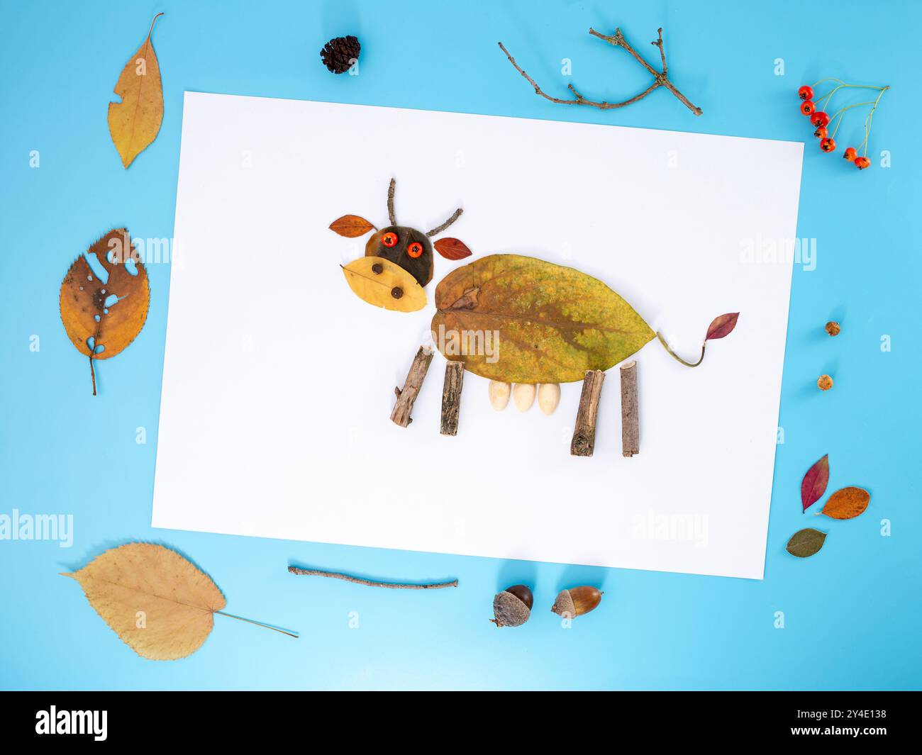 Autumn nature craft for kids, cow made of leaf, top view, activity for ...
