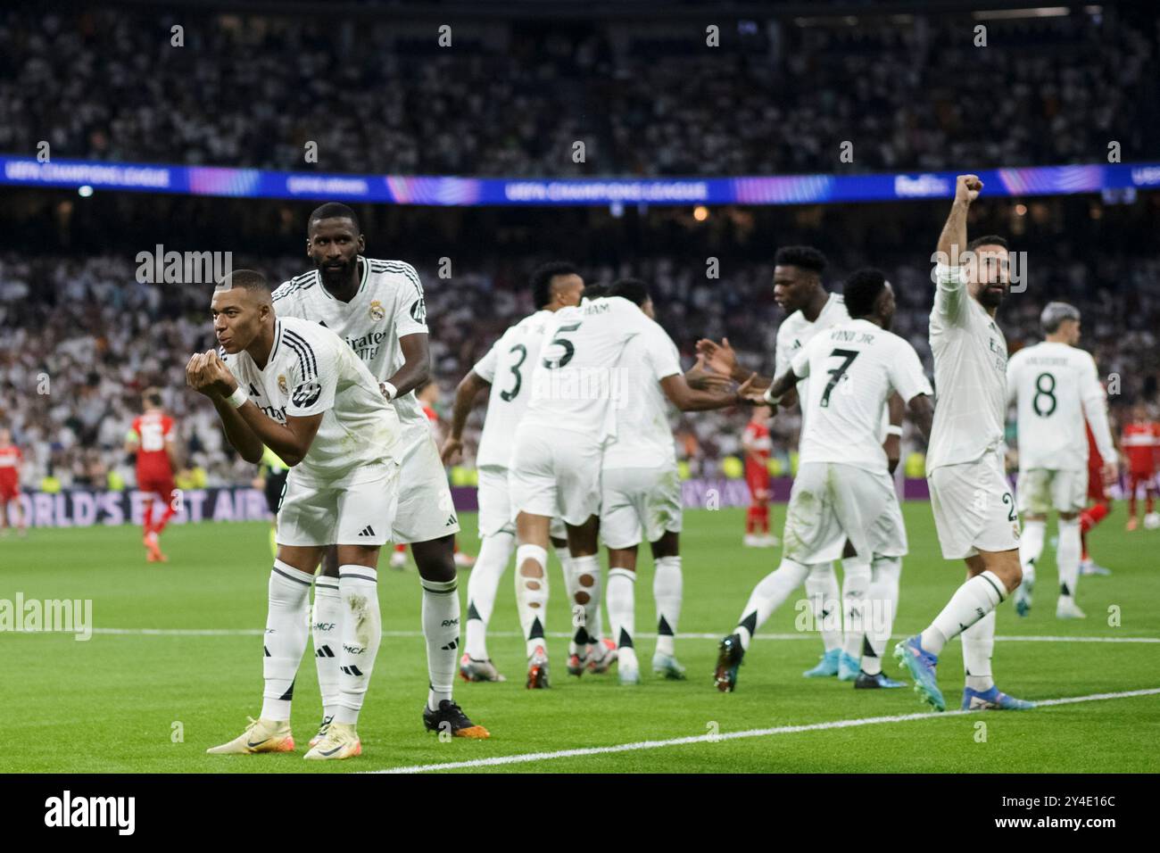 Kylian Mbappe of Real Madrid celebrates a goal during the UEFA ...