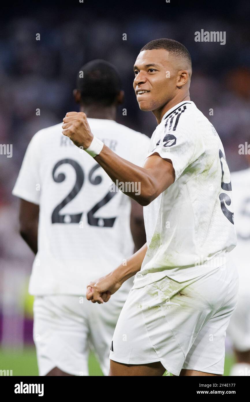Kylian Mbappe of Real Madrid celebrates a goal during the UEFA ...