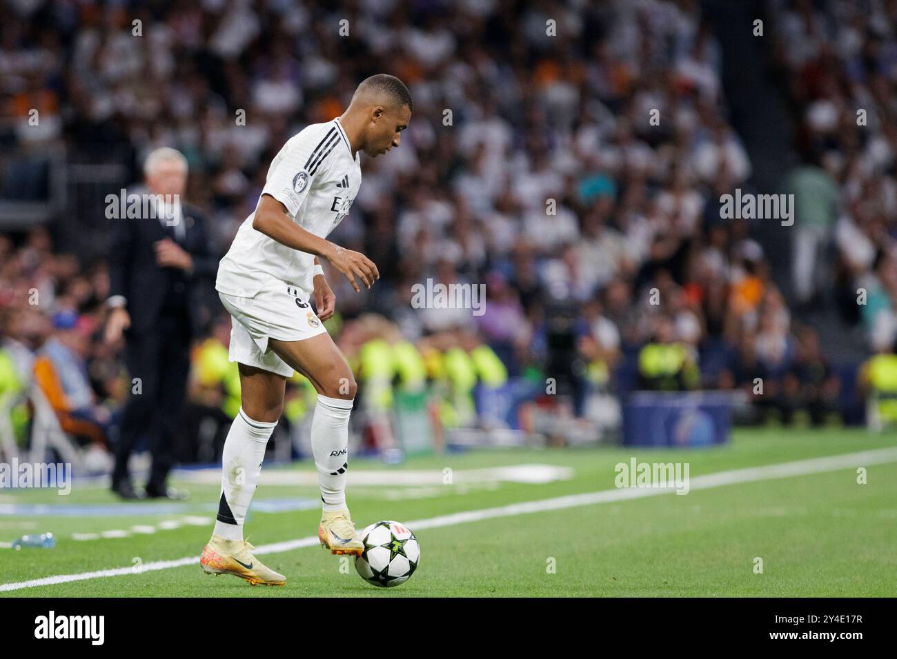 Kylian Mbappe of Real Madrid controls the ball during the UEFA ...