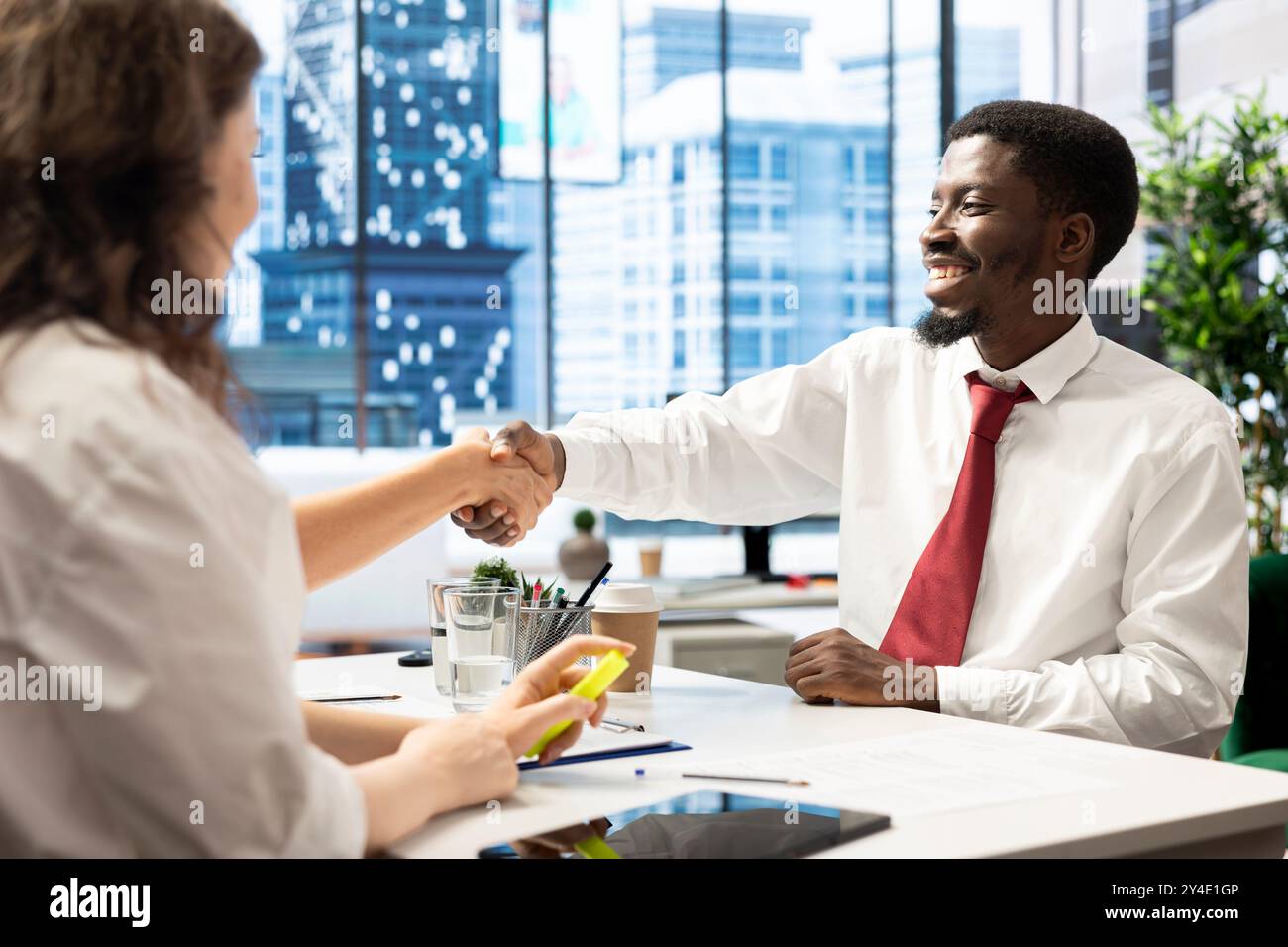 Smiling business partners shaking hands, feeling satisfied after ...