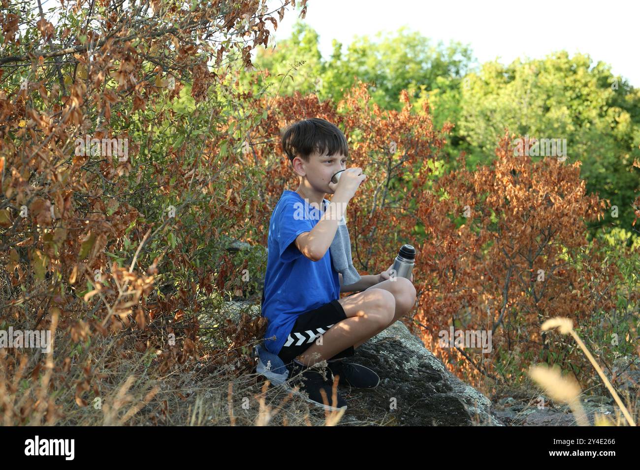 Little boy drinking tea among trees outdoors Stock Photo - Alamy