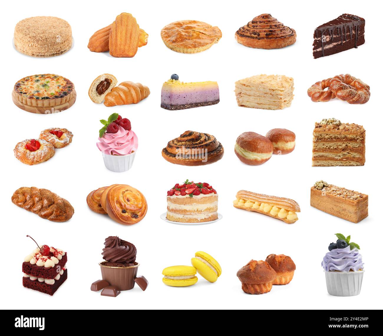 Different pastry isolated on white. Set of cakes, buns and other baked ...