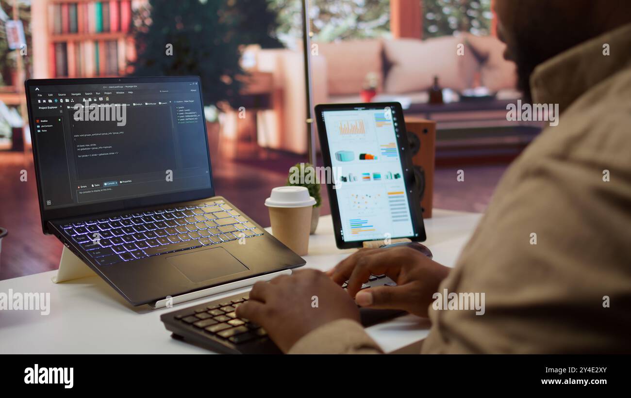 AI software developer creating an algorithm for deep learning and data mining, coding on his ...