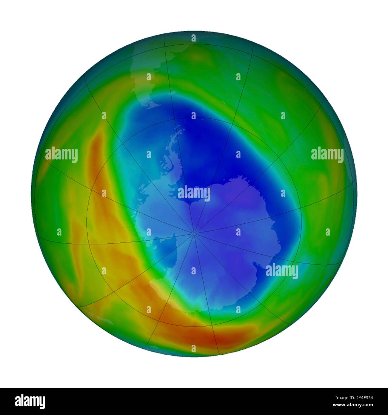 Satellite image of the ozone hole (blue) over Antarctica (centre) on 5 ...