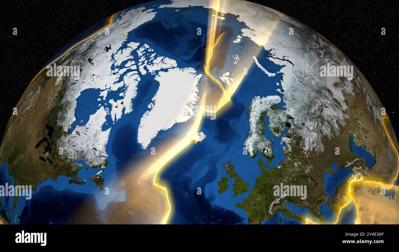 Illustration of the tectonic plate boundary (yellow) between the North ...