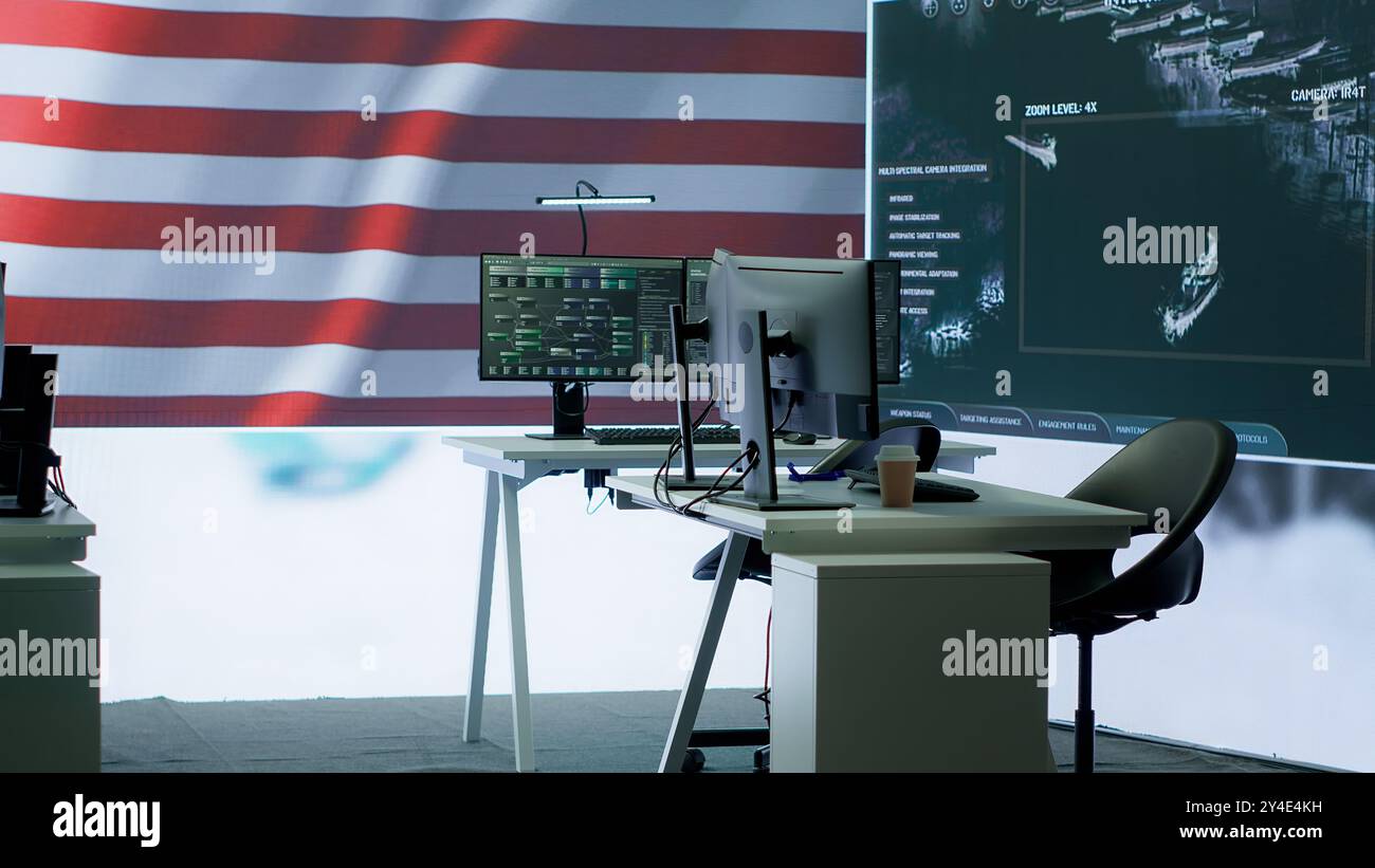 Empty army command center with big data presents the American flag, top ...