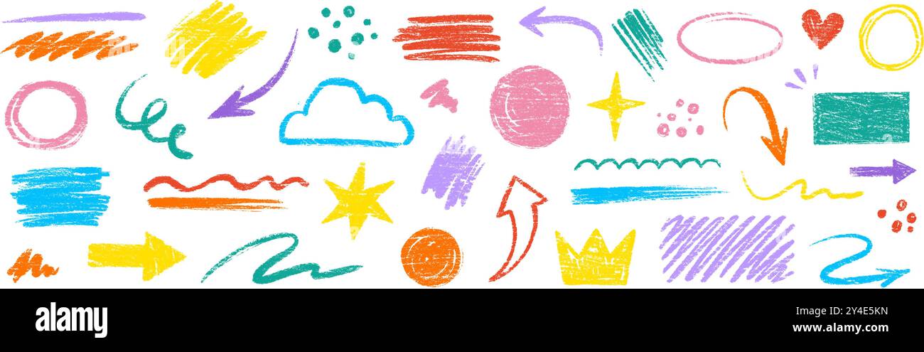 Crayon pencil color brush hand drawn chalk vector element set. Scribble ...
