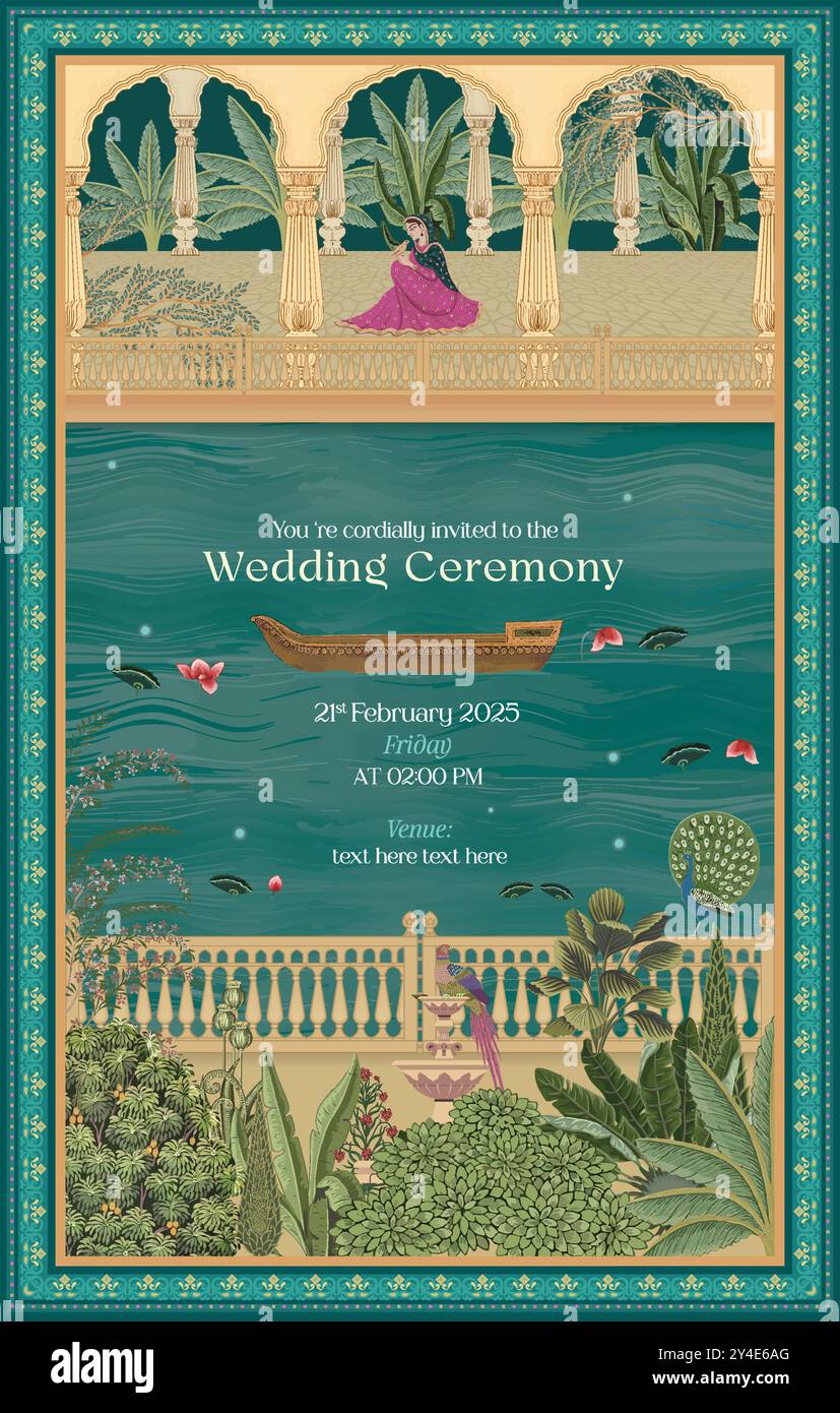 Indian Mughal wedding invitation design with floral patterns, a serene riverside scene with ...