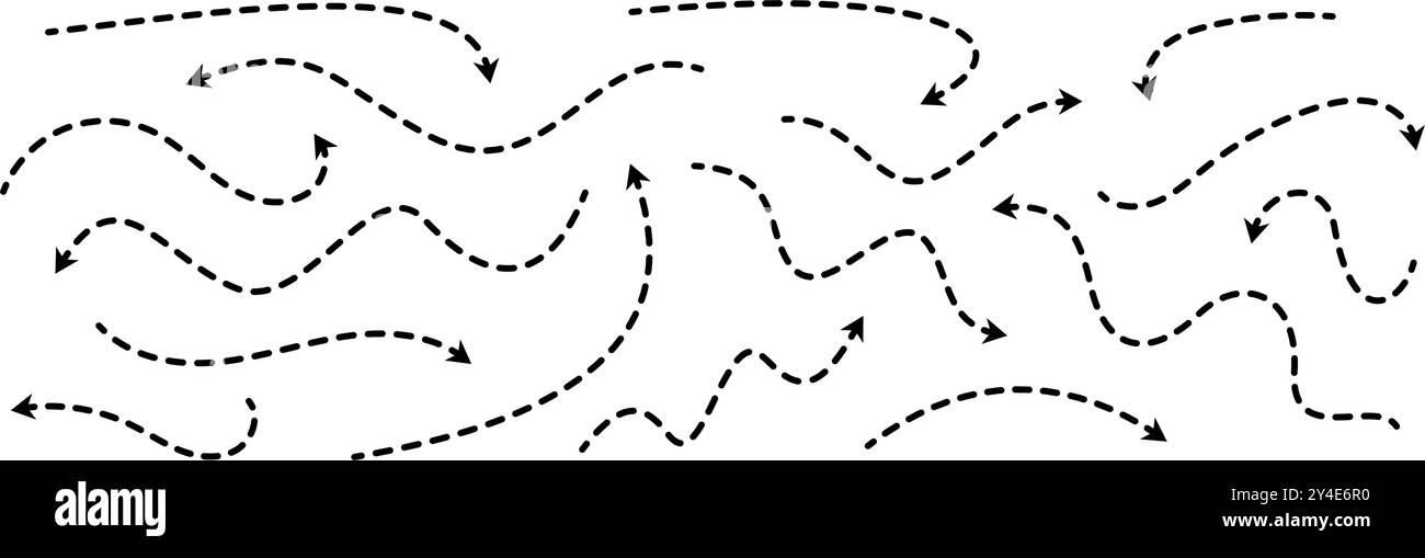 Black dashed arrows set. Wavy and curved dotted arrow collection. Doodle sketched thin pointers ...