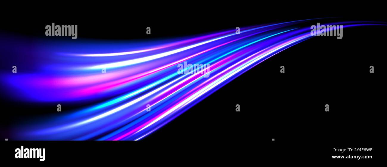 Glowing neon light trail background. Bright blue purple speed lines ...