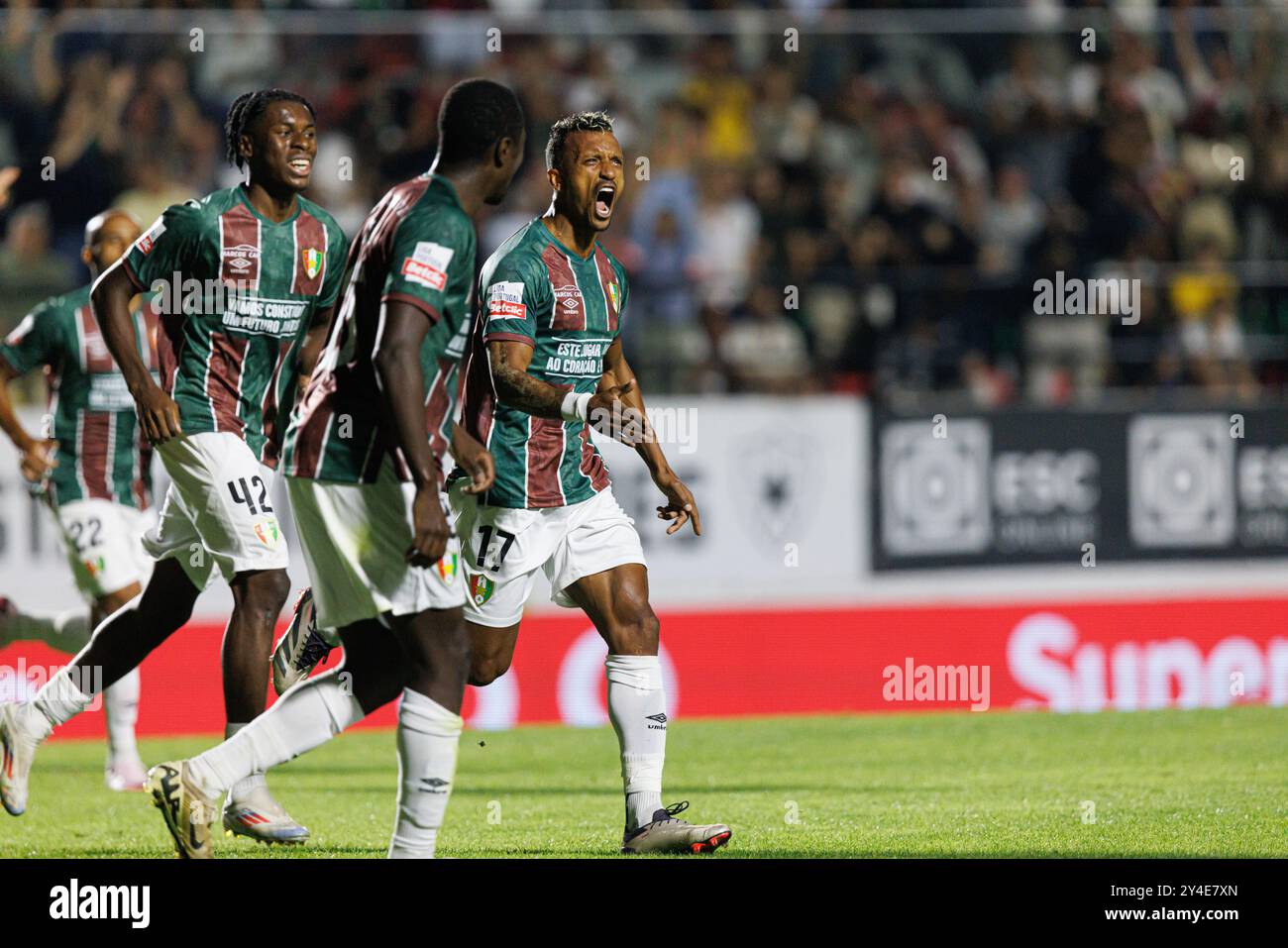 Luis Nani seen celebrating after scoring goal during Liga Portugal game ...