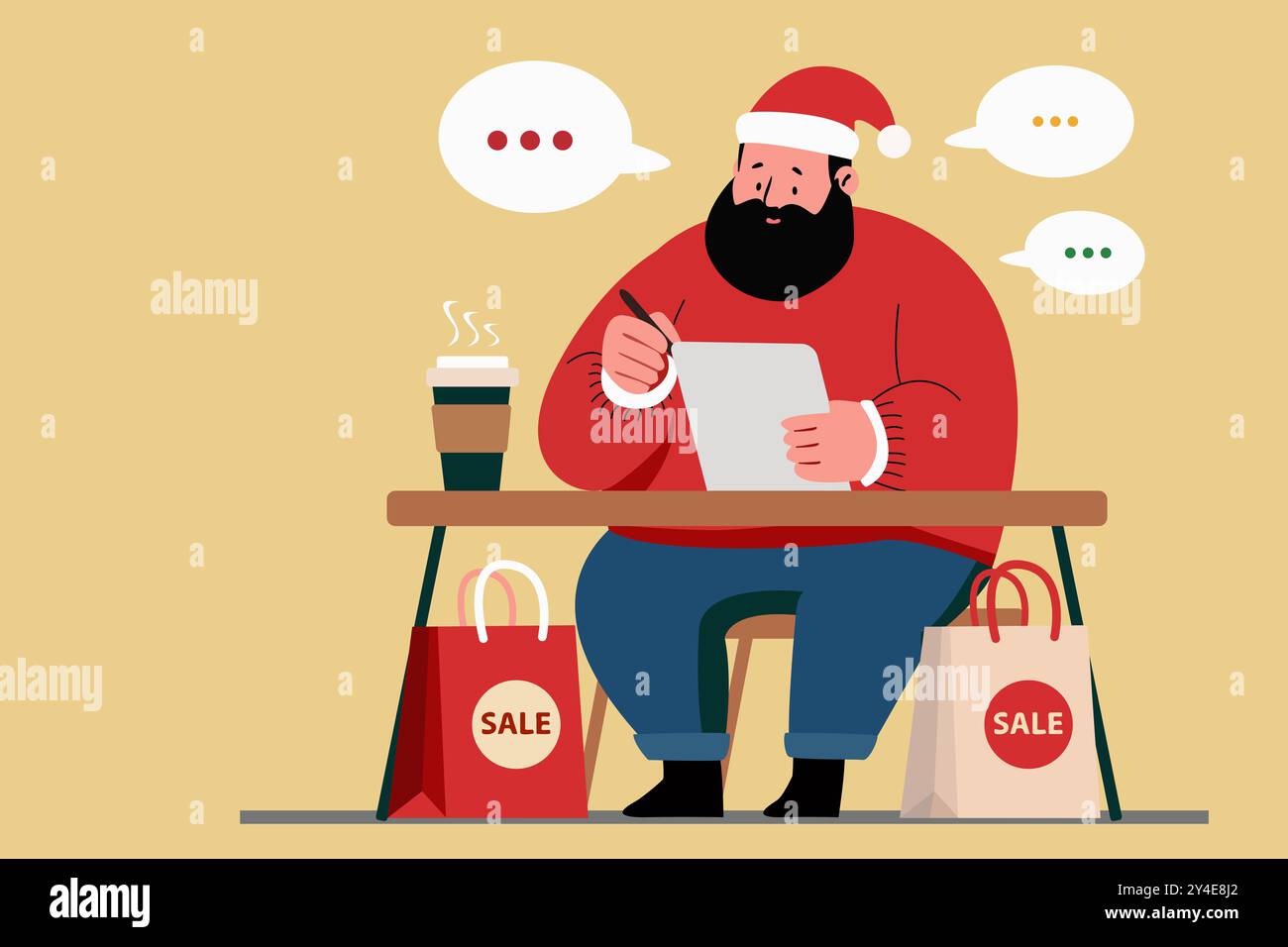 christmas ads poster concept. chubby father or fat santa making list of ...