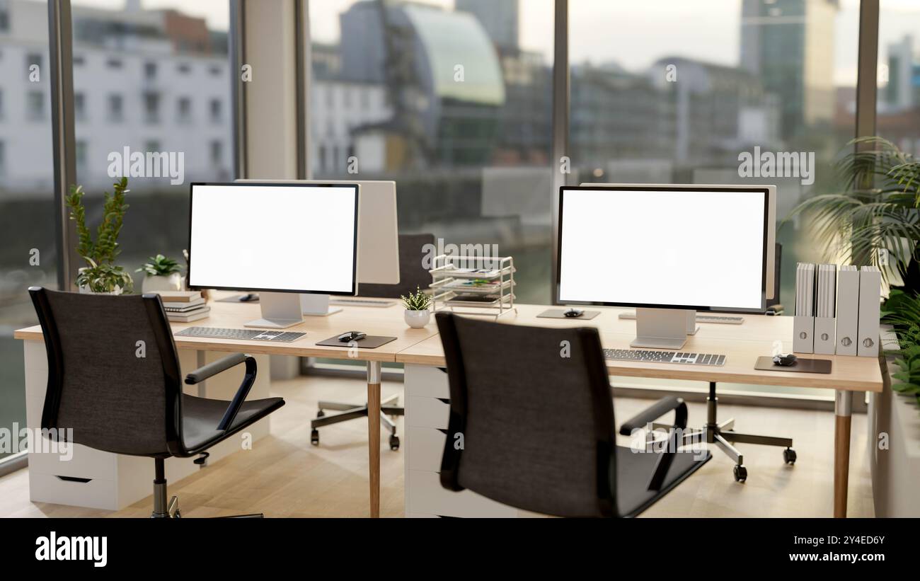 The interior design of a modern office in a skyscraper features ...