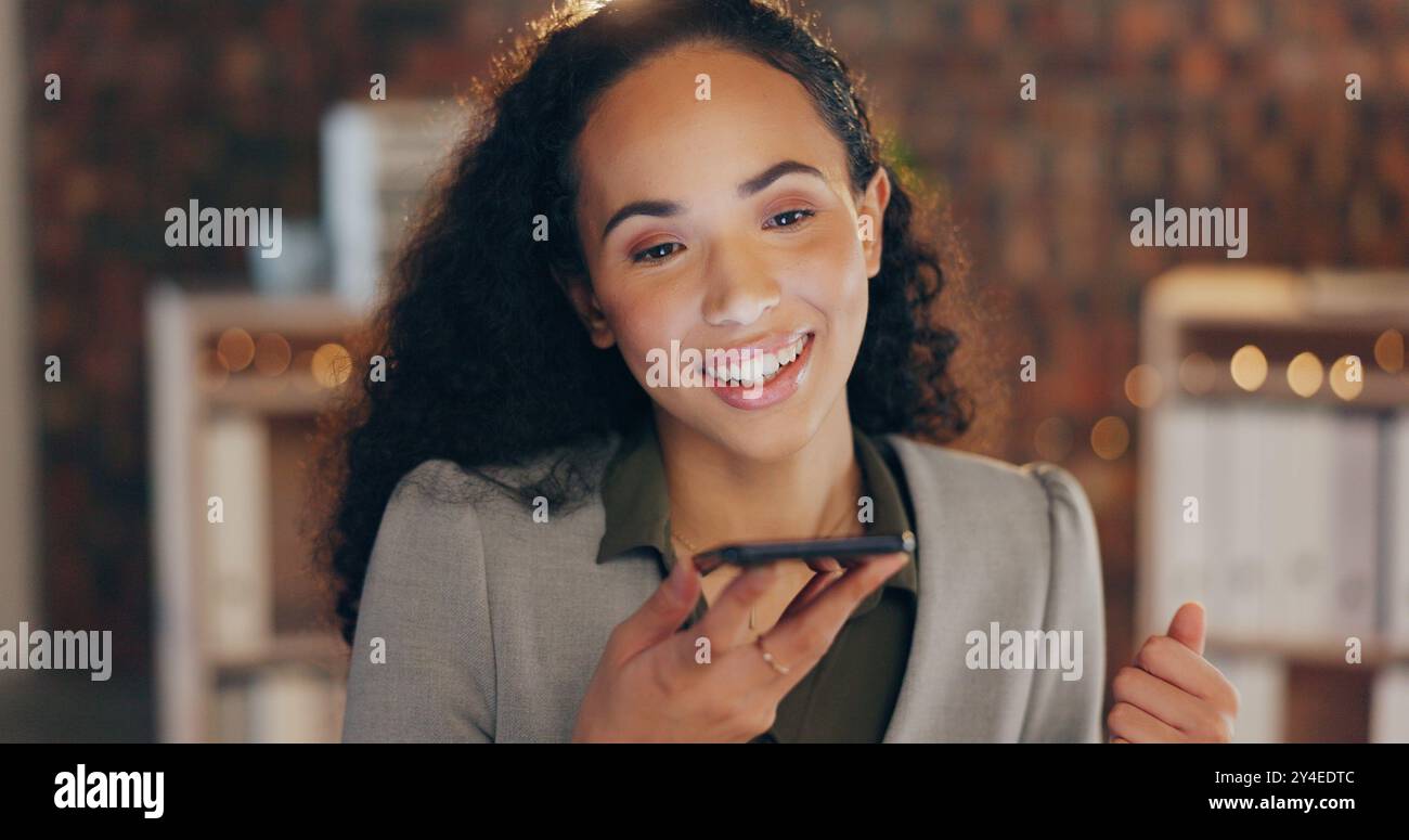 Voice note, phone call and business woman in office for talking, record ...