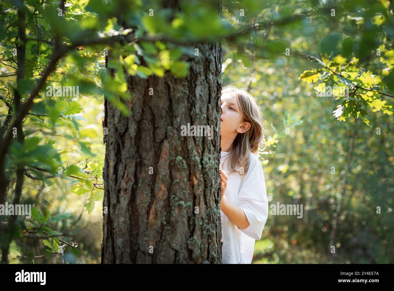 A teenage girl hugs a tree in the forest. Hugging and touching trees to ...