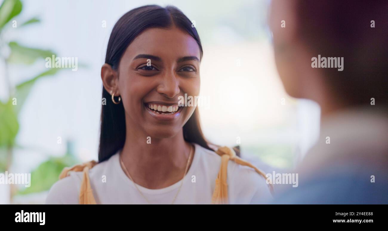 Conversation, face and smile with woman friends in living room of home ...