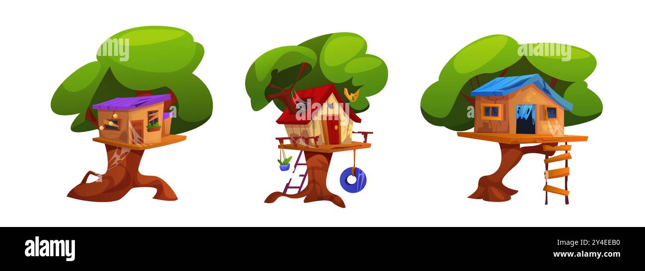 Kid treehouse cartoon. Wooden tree house vector. Forest hut with ladder ...