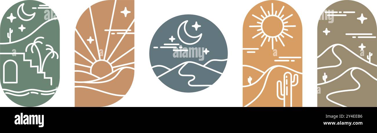 Desert boho logo with sun and mountains. Vector abstract bohemian ...