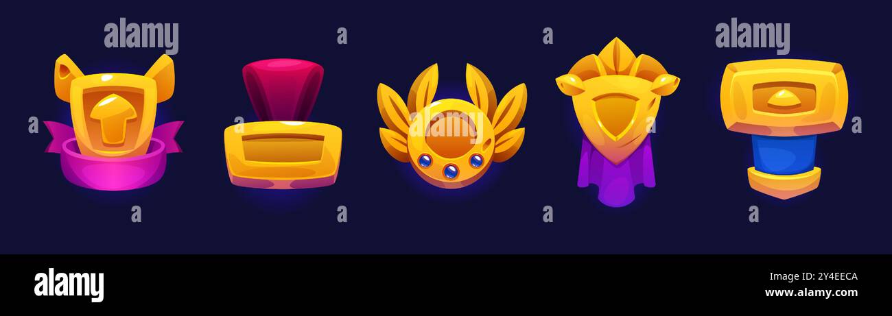 Gold achievement, level up and rank badge for game ui design. Cartoon ...